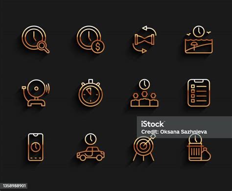 세트 라인 알람 시계 응용 프로그램 모바일 여행 시간 돋보기 대상 스포츠 시간 낭비 스톱 워치 목록 계획 및 관리 아이콘을 할 수 있습니다 벡터 검은색에 대한 스톡 벡터