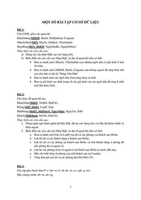 Bai Tap Csdl Cơ Sở Dữ Liệu 1 MỘt SỐ BÀi TẬp CƠ SỞ DỮ LiỆu Bài 1 Cho Csdl Gồm Các Quan Hệ