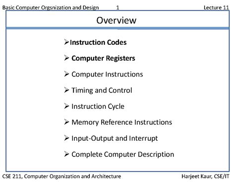 Unit 2 Ppts Cse211 Overview Instruction Codes Computer Registers