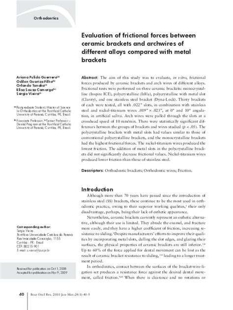 Pdf Frictional Forces In Ceramic Vs Metal Brackets