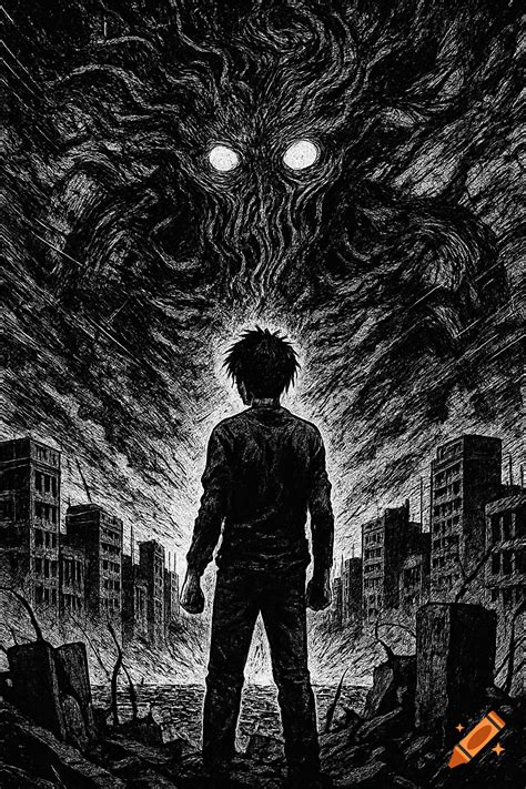 Gritty Black And White Manga Art Of A Person Facing A Colossal