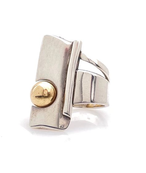 Lot Sj Sterling Silver And 14k Yellow Gold Modernist Ring