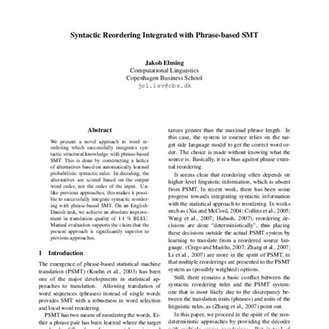 Syntactic Reordering Integrated With Phrase Based Smt Acl Anthology