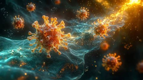 Virus Particles Attaching To Host Cells In A Microscopic View Of Biological Interaction Stock