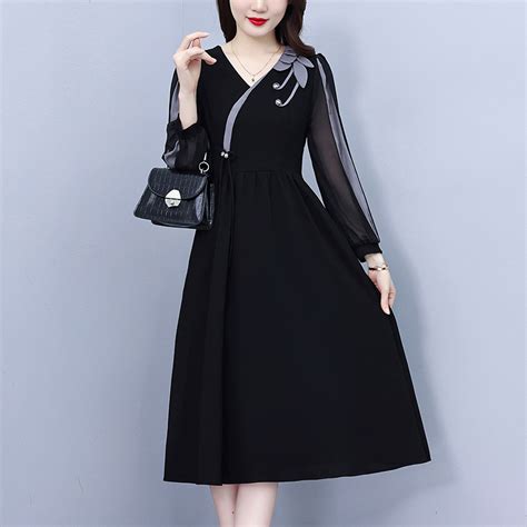 Pf22155新款连衣裙女收腰显瘦时尚气质减龄遮肚大码气质裙子女裝貨源服裝批發长袖连衣裙女装批发 秋冬款女装批发台灣服飾批發