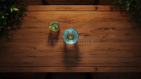 Refreshing Summer Scene With Glasses On Wooden Table Stock Illustration
