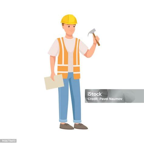 Karakter Man Builder Dalam Hard Hat Dan Warnvest Standing Dengan
