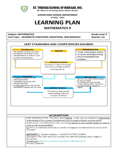 Math 9 Learning Plan Pdf Exponentiation Multiplication