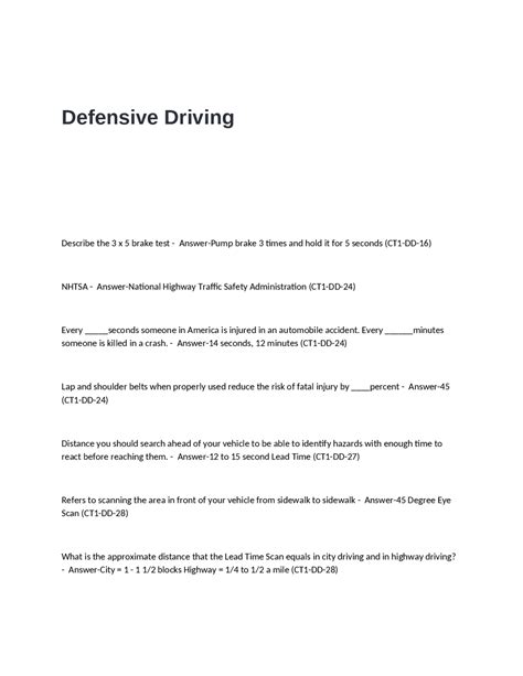Defensive Driving Test Questions And Answers Exams Nursing Docsity