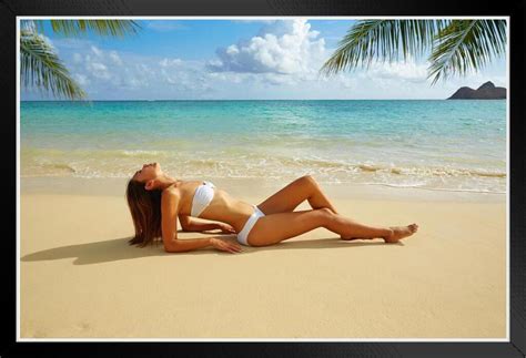 Asian Woman Beauty Laying On Tropical Sandy Beach Photo Photograph White Wood Framed Poster