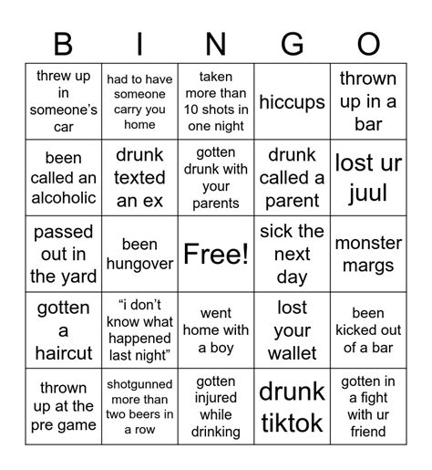 Drunk Bingo Card
