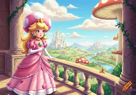 A Colorful Illustration Of Princess Peach Toadstool On A Balcony