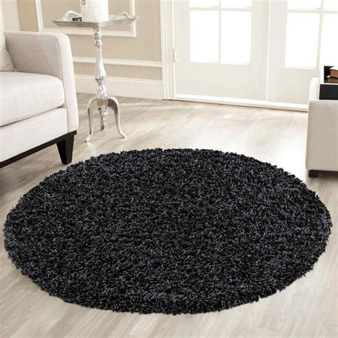 Plain Round Shaggy Black Circular Rugs For Dining Room