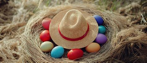 A Straw Hat Filled With Colorful Eggs Resting In A Nest Symbolizing
