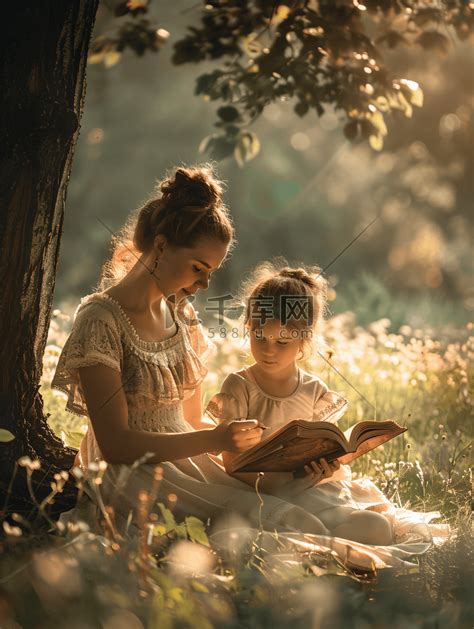 温馨母女坐在树下读书高清摄影大图 千库网