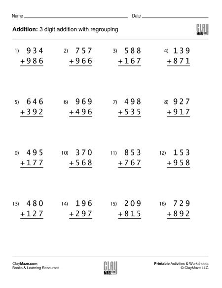 3 Digit Addition Worksheets With Regrouping Workbooks And Free