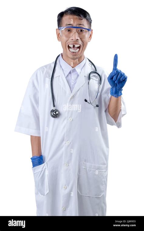 Asian Nerd Scientist With A Stethoscope Standing And Pointing Something