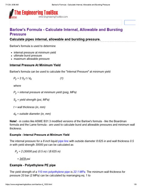 Barlows Formula For Pipe Pressure Calculations Pdf Strength Of