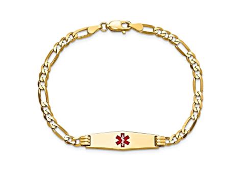 14k Yellow Gold Medical Soft Diamond Shape Red Enamel Figaro Id