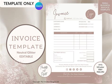Simple Billing Invoice Template Business Diy Digital Canva Etsy