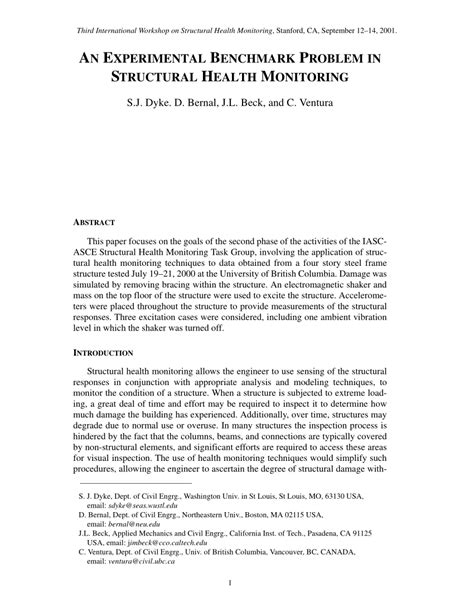 Pdf An Experimental Benchmark Problem In Structural Health Monitoring