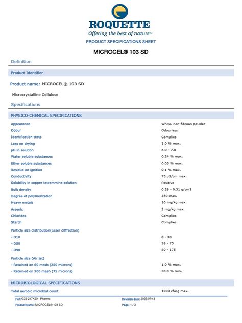 Roquette Quality Specification Sheet Microcel 103 Sd 50 105217 En Pdf Solubility