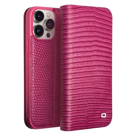 Qialino Iphone 15 Pro Max Leren Bookcase Hoes Croco Roze
