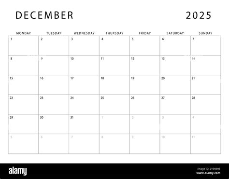 December 2025 Calendar Monthly Planner Template Monday Start Vector