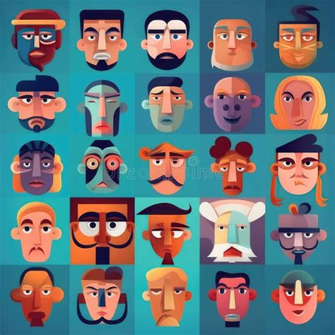 The Image Shows A Collection Of Character Faces Stock Illustration
