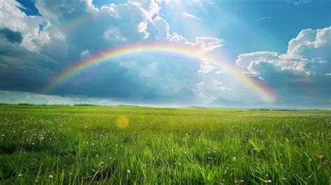 Grassy Field With A Rainbow Arcing Across The Sky Premium Ai