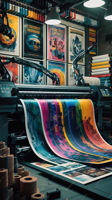 A Large Format Printer Printing Colorful Posters On Paper In The Print