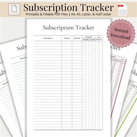Subscription Tracker Printable And Fillable Monthly Subscription