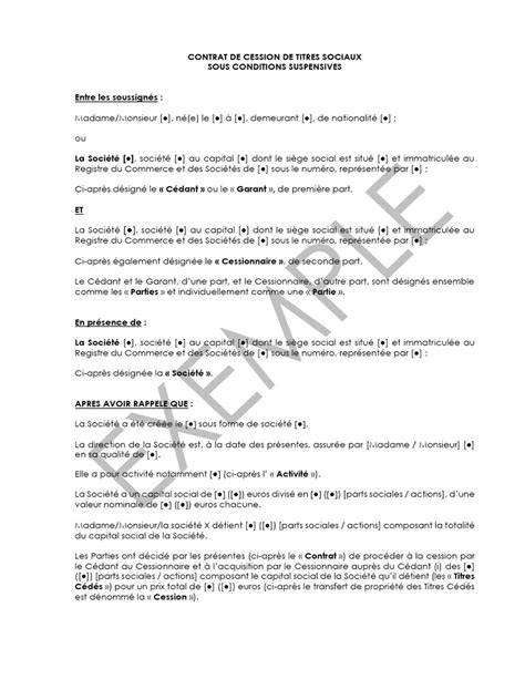 Protocole De Cession Sous Conditions Suspensives Exemple Pdf