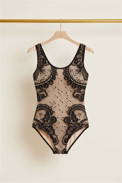 Champagne After Dark Lace One Piece Swimsuit — Vintage Black Beige
