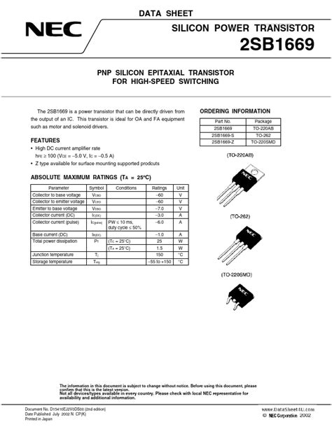 B1669 Datasheet Silicon Transistor Nec