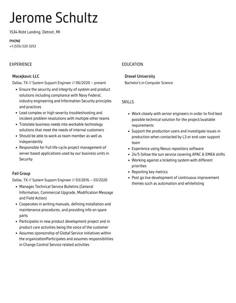 System Support Engineer Resume Samples Velvet Jobs