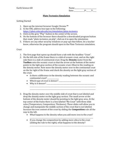 Plate Tectonics Simulation Worksheet For Earth Science