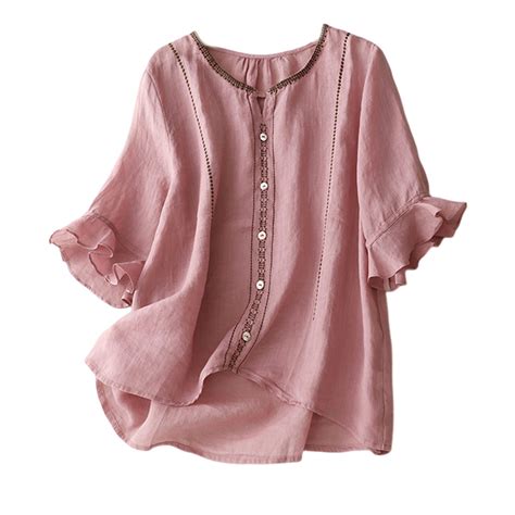 Jtjvou Linen Shirts For Women Summer Embroidery Blouses With 3 4 Sleeve