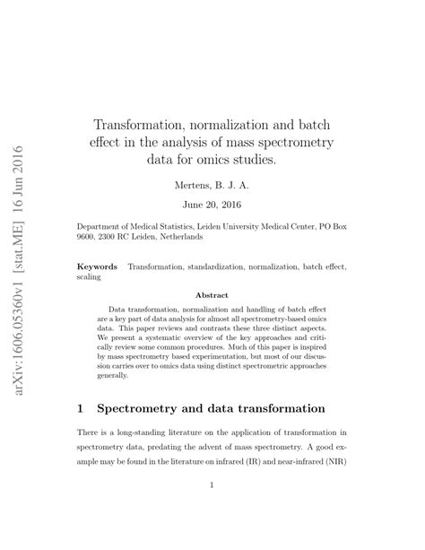 Pdf Transformation Normalization And Batch Effect In The Analysis Of Mass Spectrometry Data