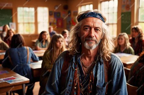 Portrait Of Alternative Hippie Senior Teacher In Front Of Classroom