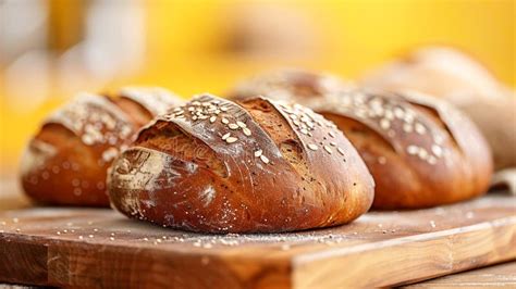 Loaves Of Whole Wheat Rye Bread On Wood Board Yellow Background
