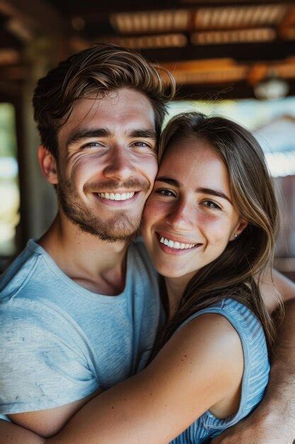 Premium Photo Young Couple Hugging And Smiling Generative Ai