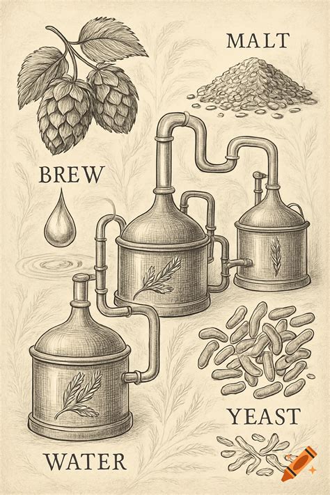Detailed Fine Line Style Diagram Showing The Beer Brewing Process With