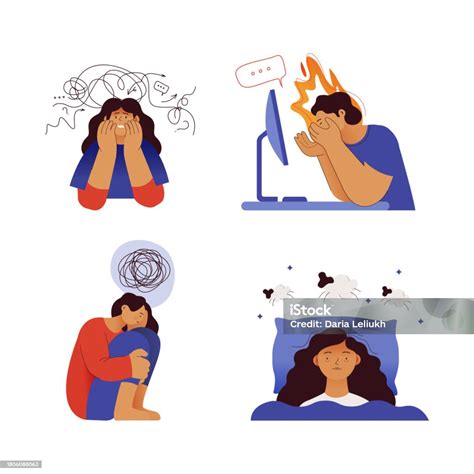 정신 장애 만화 모음 불안 정서적 소진 증후군 우울증 불면증 현대 평면 벡터 일러스트 레이 션 불면증에 대한 스톡 벡터 아트 및