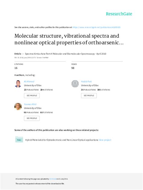 Pdf Molecular Structure Vibrational Spectra And Nonlinear Optical Properties Of Orthoarsenic