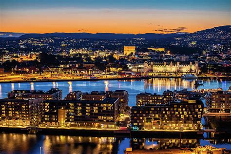 Oslo City Center And Waterfront Golden Dusk View From Above Photograph
