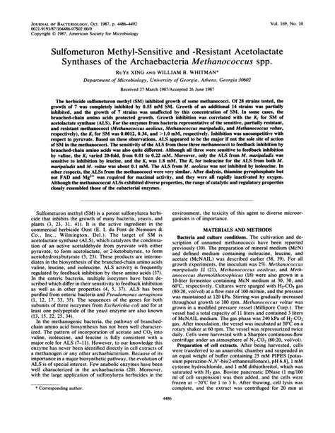 Pdf Sulfometuron Methyl Sensitive And Resistant Acetolactate Synthases Of Archaebacteria