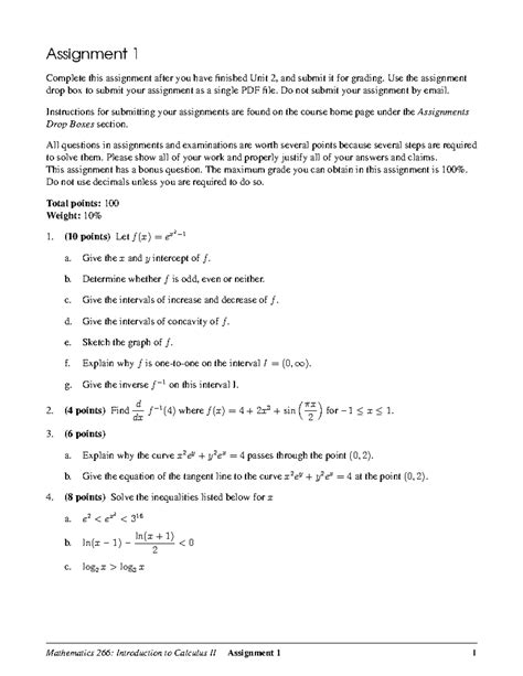 266assignment 1 Assignment 1 Math 266 Calculus Ii Assignment 1