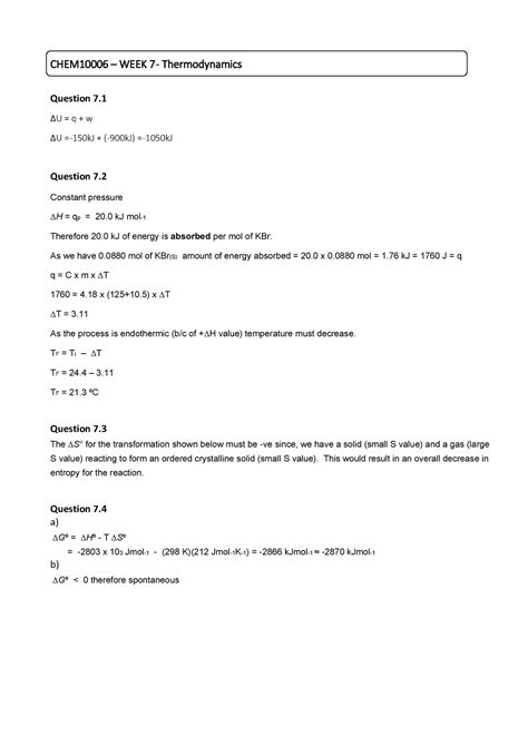 Week 7 Tutorial Solutions ChemϭϬϬϬς Week ϳ TheƌŵodyŶaŵics