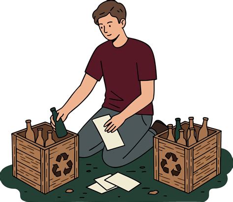 Young Man Sorting Glass Bottles For Recycling In Wooden Crates